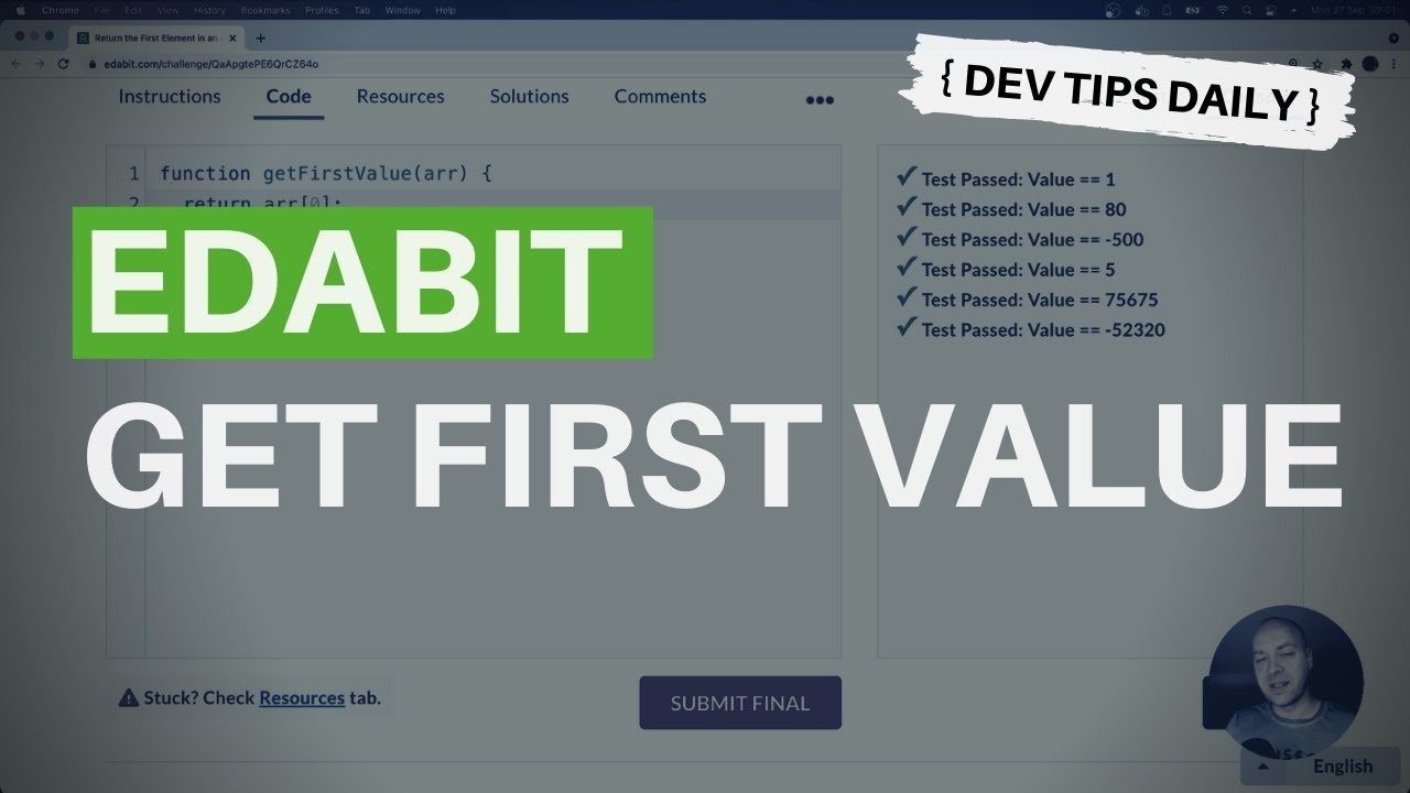 DevTips Daily: Edabit JavaScript coding challenge - Get first item in an array