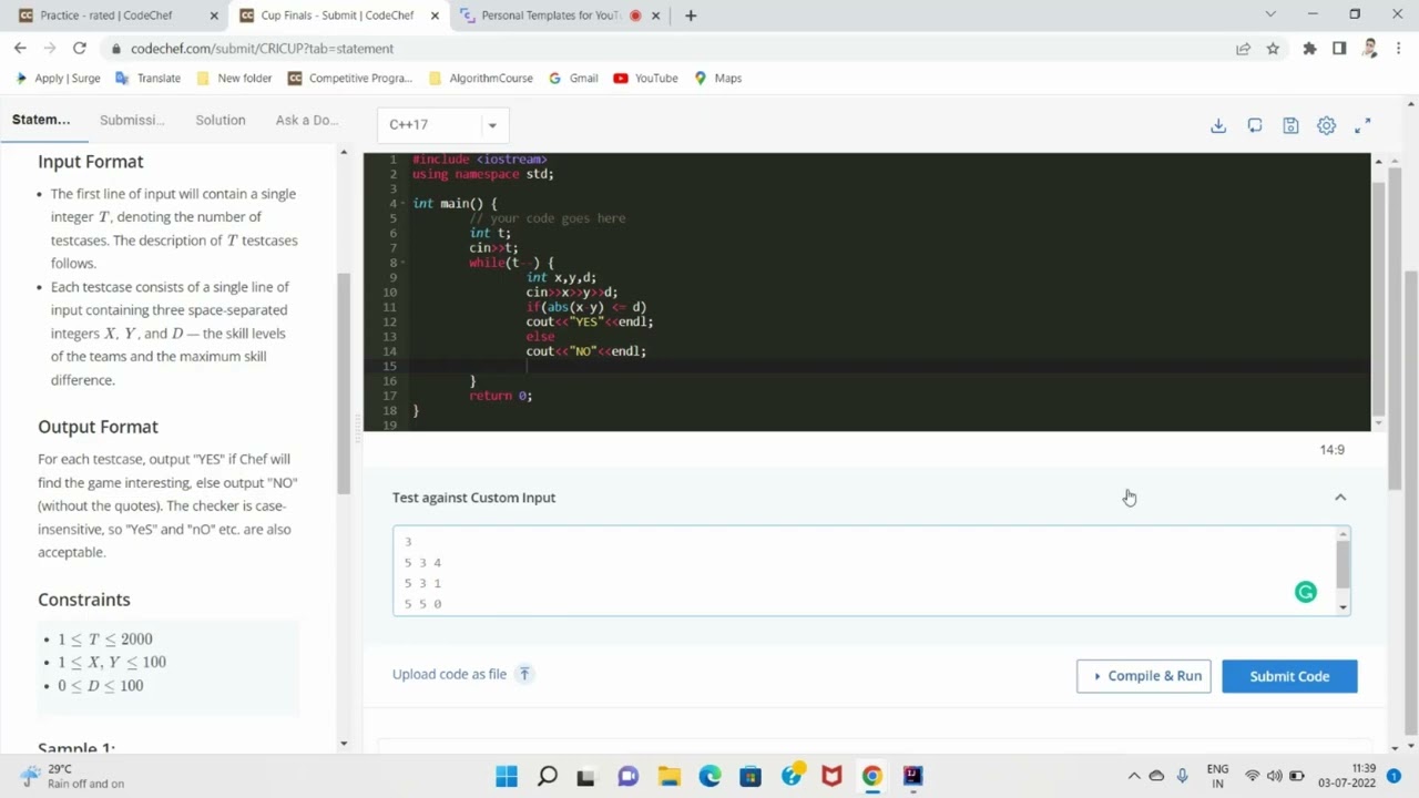 Cup Finals Codechef Problem Solutions in Java and C++ Hindi | March Starters31 2022