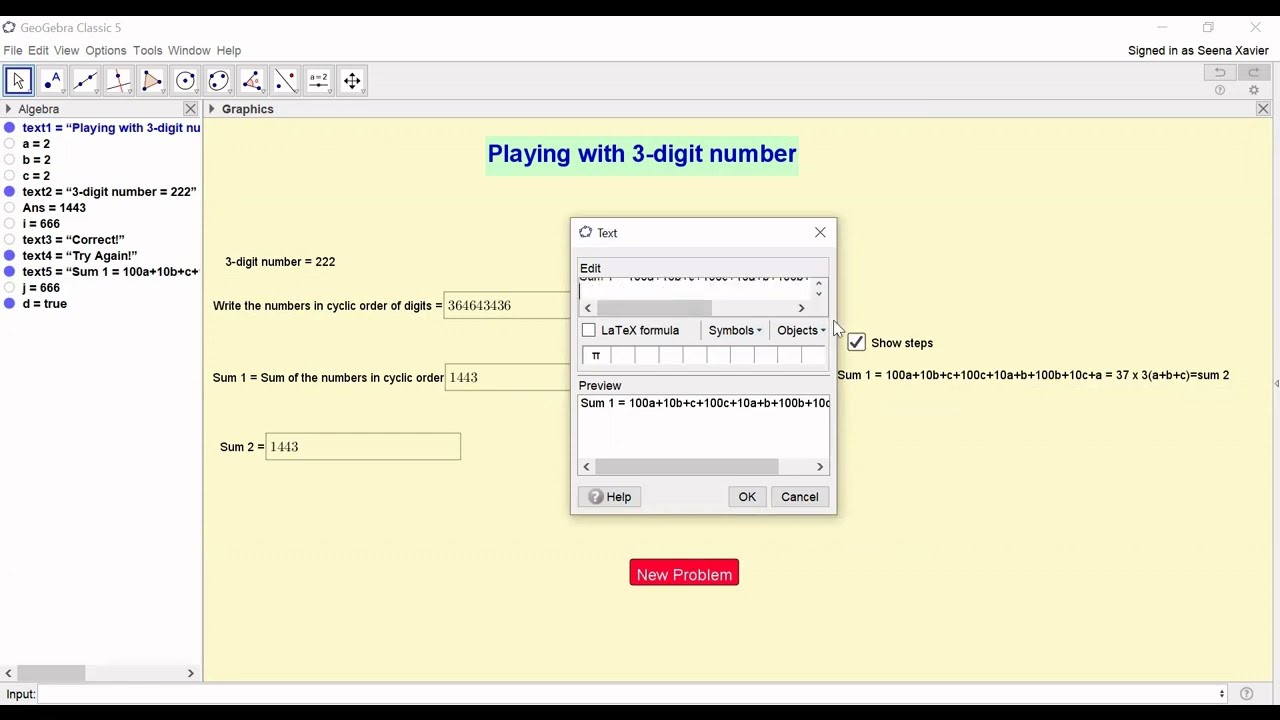 Project 1: Playing with 3-digit numbers in GeoGebra