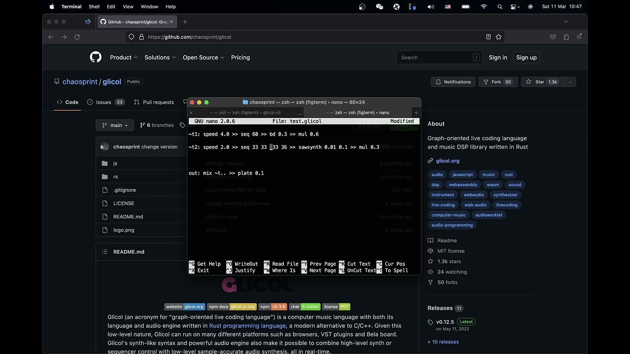 glicol cli (command line interface): music live coding in terminal with nano