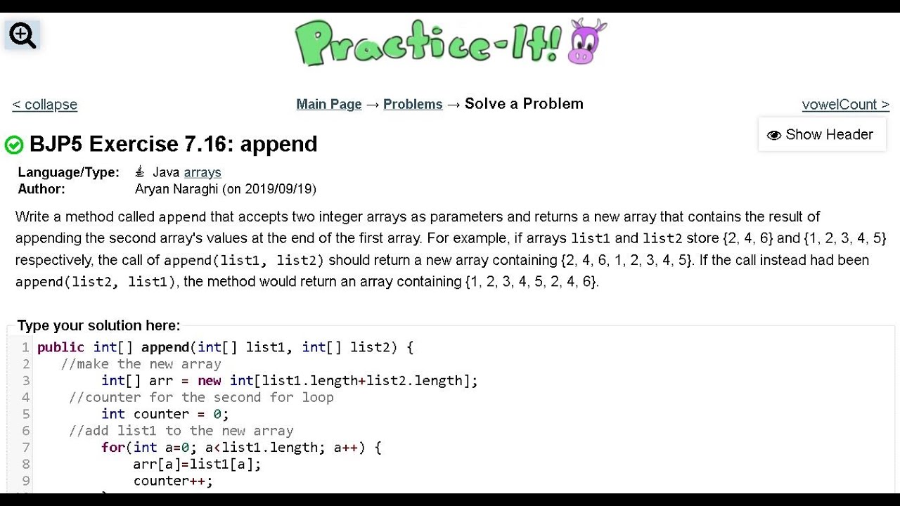 Java Practice It   |  Exercise  7.16: append   |   arrays, syntax, array basics, condition