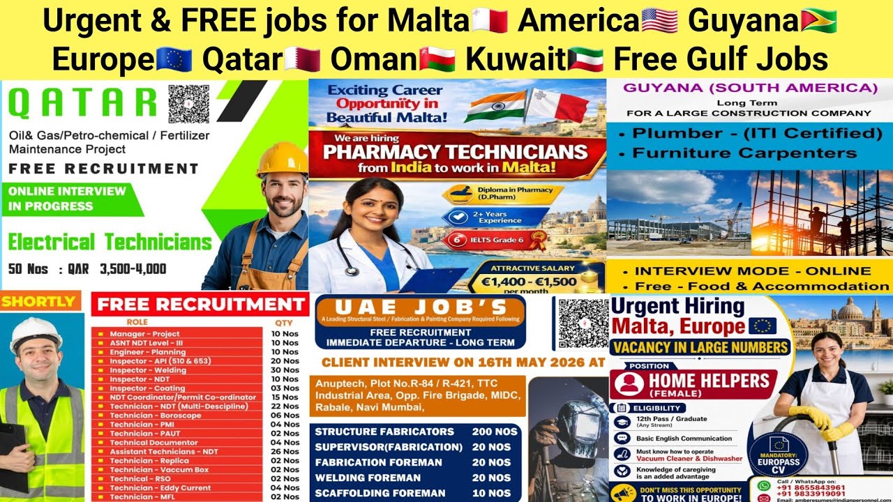 Urgent & FREE jobs for Malta🇲🇹 America🇺🇸 Guyana🇬🇾 Europe🇪🇺 Qatar🇶🇦 Oman🇴🇲 Kuwait🇰🇼 Free Gulf Jobs