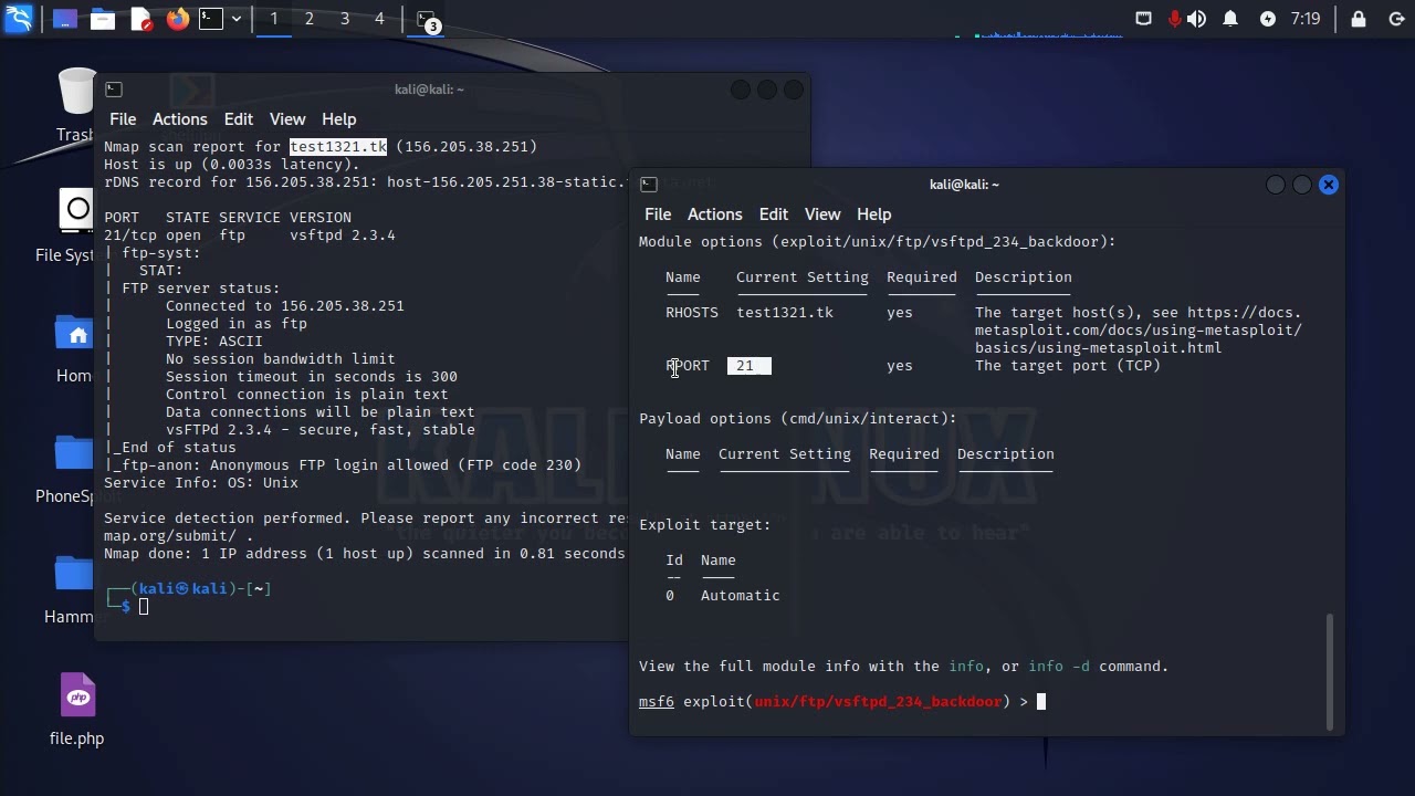 How to exploit open FTP port 21 on the server using Metasploit
