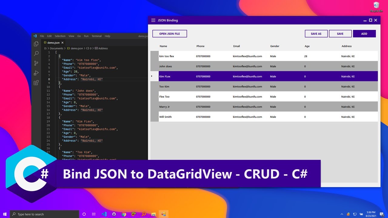 Binding JSON file to DataGridView - INSERT, UPDATE,DELETE - CRUD - C#