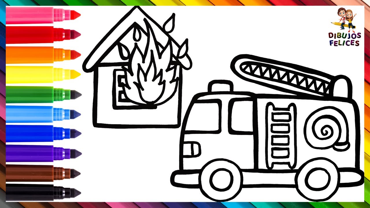 Dibuja y Colorea Un Camión De Bomberos Y Una Casa En Llamas 🚒👨🏻‍🚒🔥🏠🌈 Dibujos Para Niños