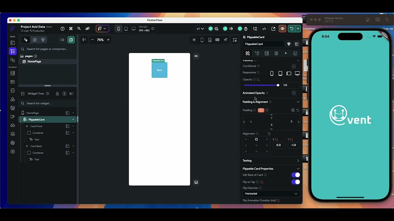 FlutterFlow Flippable Card Widget Tutorial | Front & Back Views with Interactive Animations