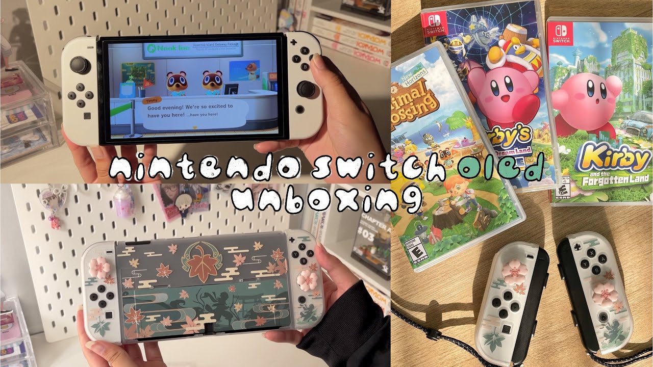 Unboxing Nintendo Switch OLED in 2024 ꒰ cute accessories, playing acnh, kirby games ꒱