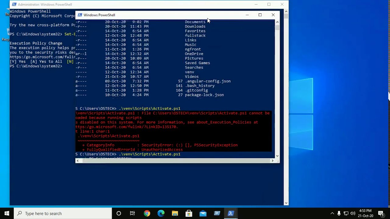Activate python virtual environment from PowerShell | fix ps1not loaded or disable on the system