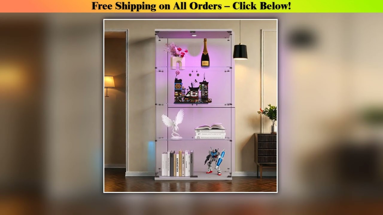 Comanlai LED Storage Cabinet, Glass Display Cabinet with 3 Shelves, with Lighting Lock for Living