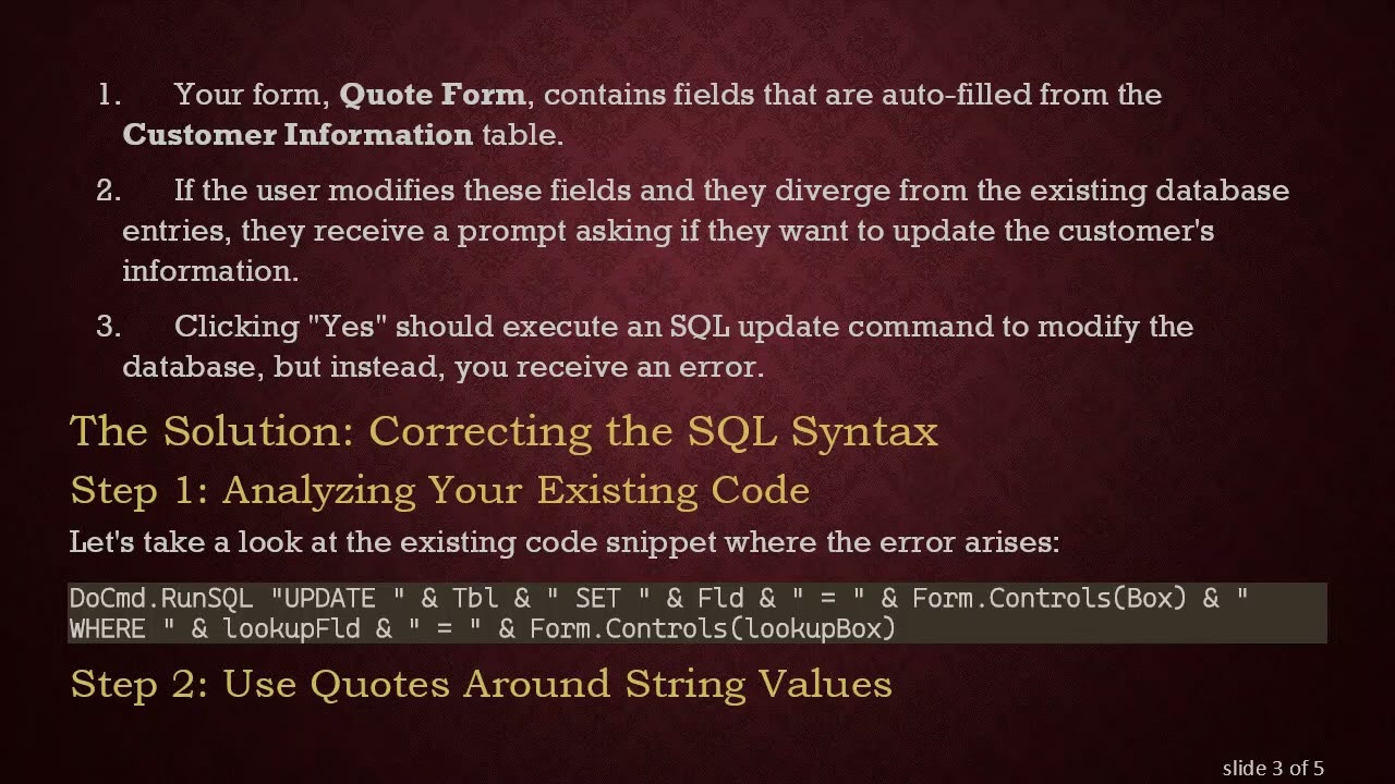 Resolve Syntax Error (Missing Operator) in SQL Update Statements for VBA Access