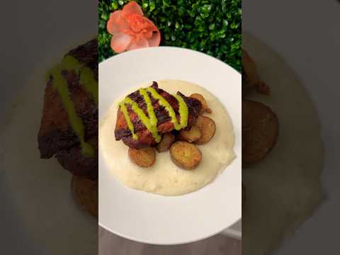 Best Homemade Poblano Sauce over Chicken and Grits #tasty #food #recipe #recipes #cooking #yum
