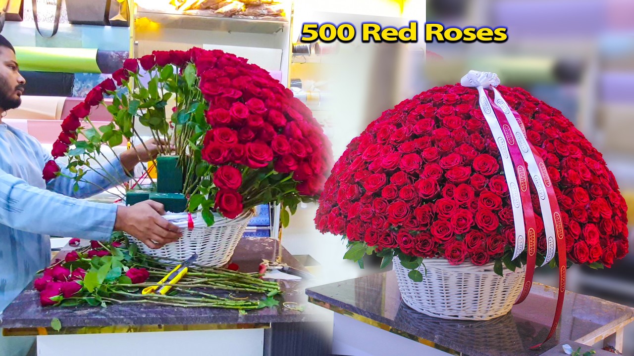 500 Red Roses in One Basket | Stunning Giant Rose Arrangement Tutorial | Flower Tech9