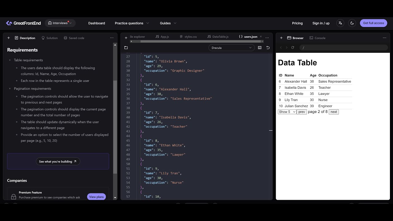 Data Table UI Challenge Solution | Step-by-Step guide | GreatFrontend