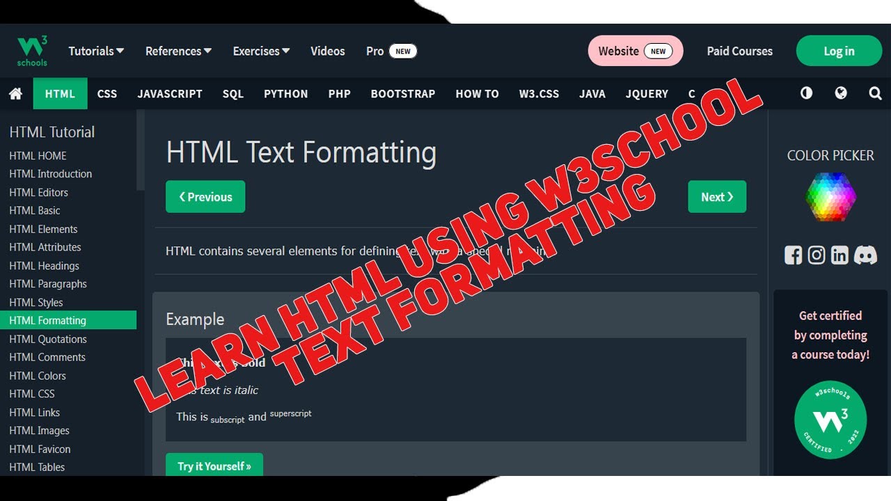 Learn HTML Using W3school HTML Text Formatting Part  10