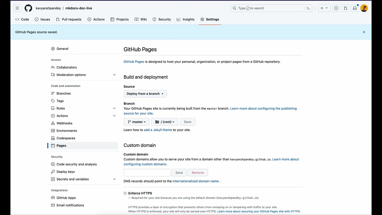 Mkdocs deployment using Github pages
