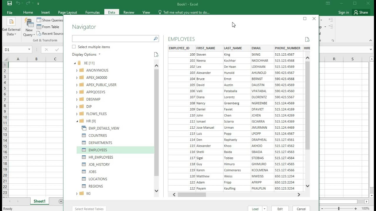 Import data from Oracle to Excel