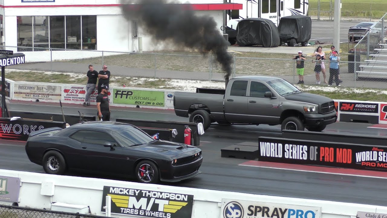 Diesel Ram Truck Drags Hellcat Dodge Challenger, Someone Gets Rolled in ...