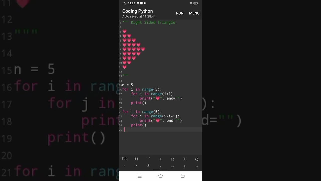 Right Sided Triangle 💗 Pattern Program in Python