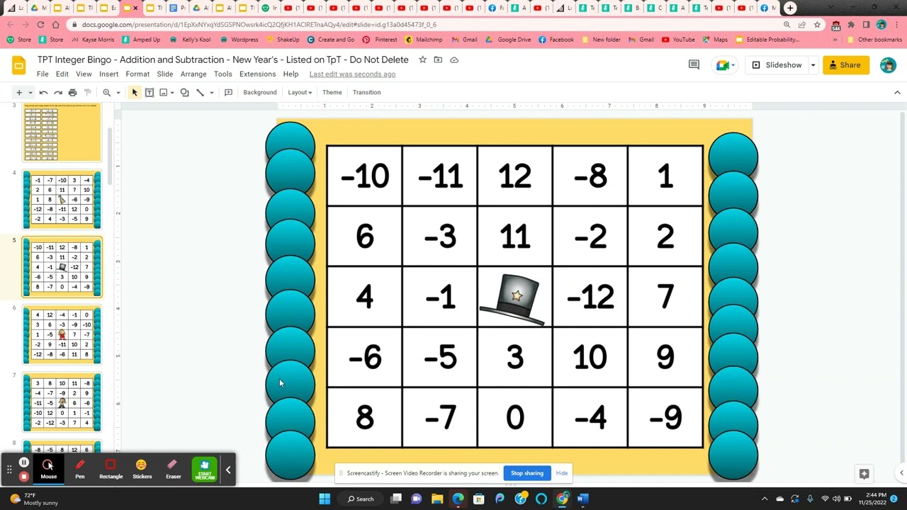 New Year's Integer Bingo - Addition and Subtraction