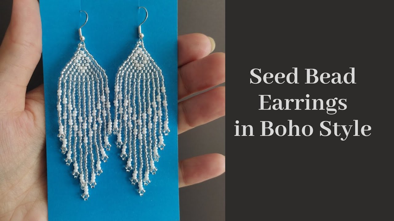DIY seed bead earrings in boho style, white silver beaded earrings making, beading tutorial