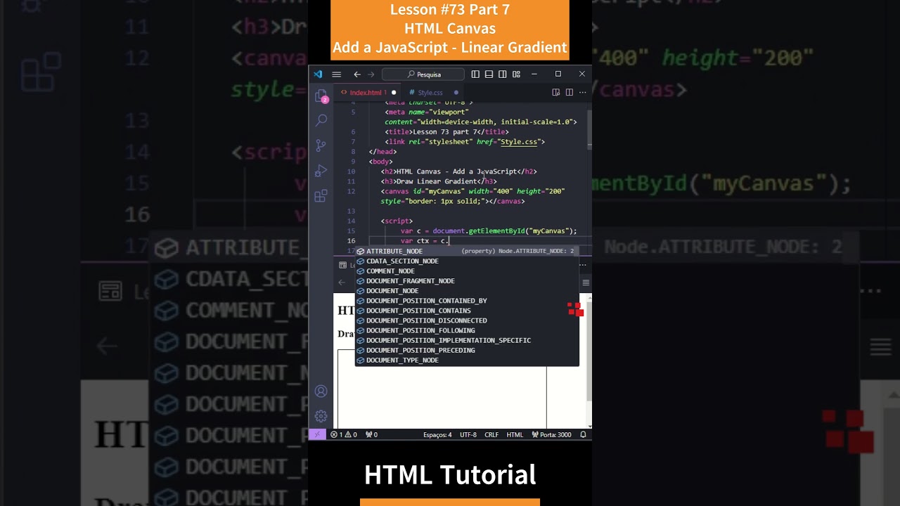 HTML Tutorial - Lesson 73: HTML Canvas - Add a JavaScript - Linear Gradient Part 7 #html #css #js