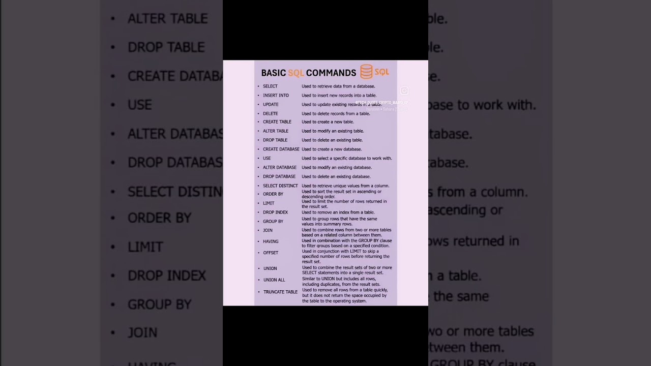 Basic SQL COMMANDS.#sql #python #java #javascript #programming #html #database #sqlserver #css #php
