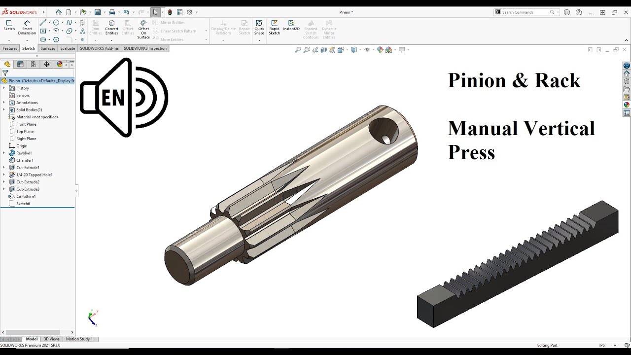 Manual Vertical Press SolidWorks 2021 Tutorial Part 2 The Rack and the Pinion!