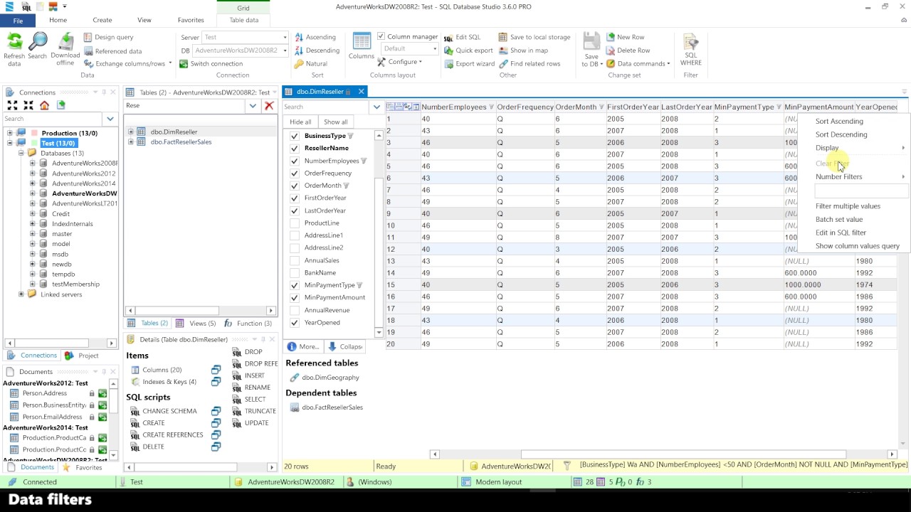 SQL Database Studio - Data filtering