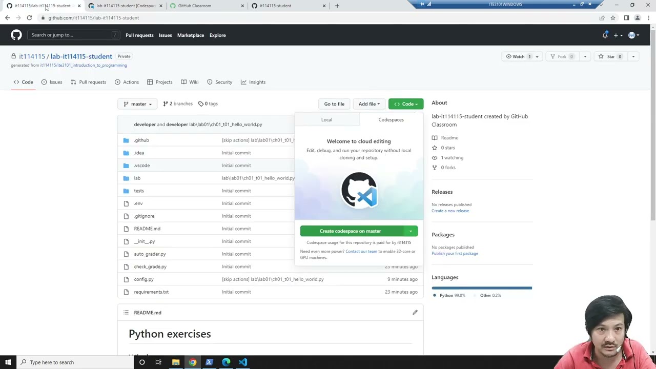 How to work on your GitHub classroom Python Lab Exercises with Codespace?