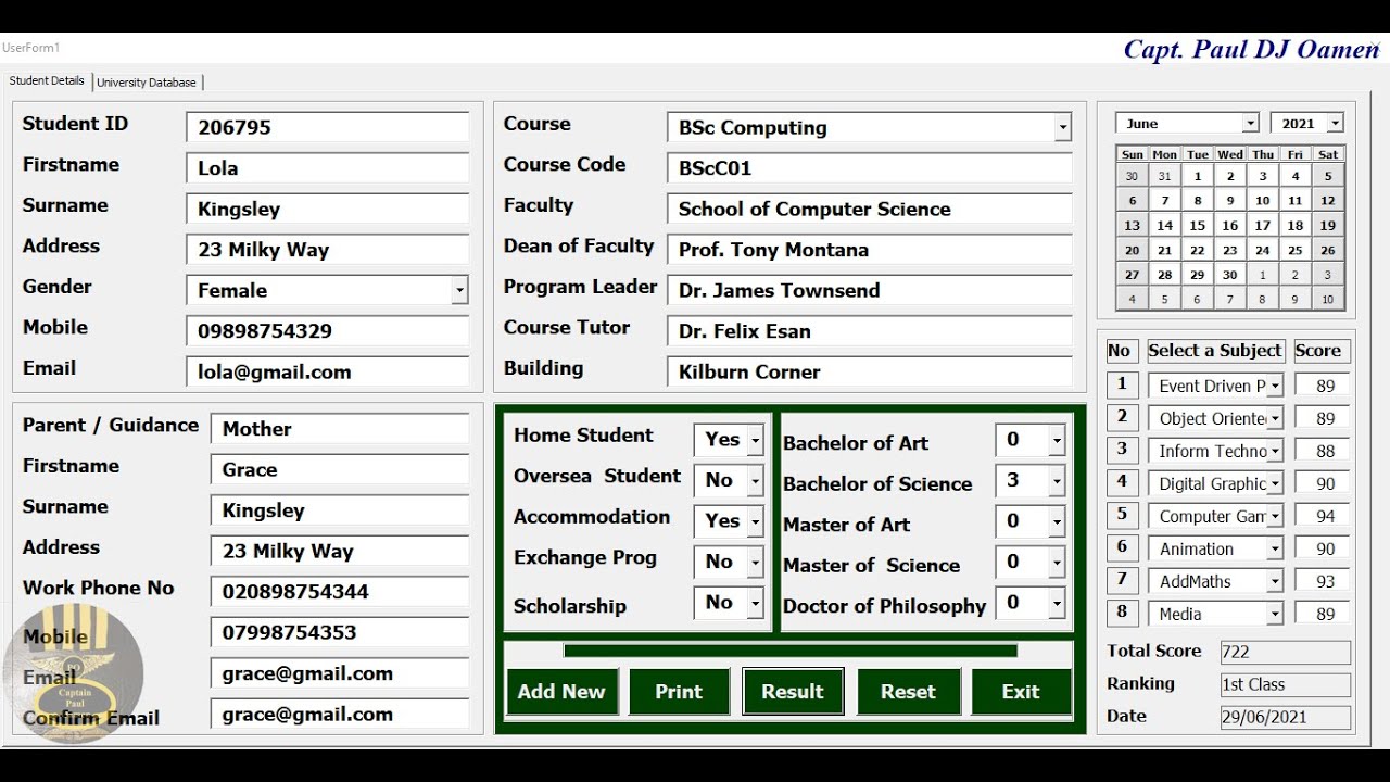 Overview of Student Database Management System Developed in Excel Using VBA
