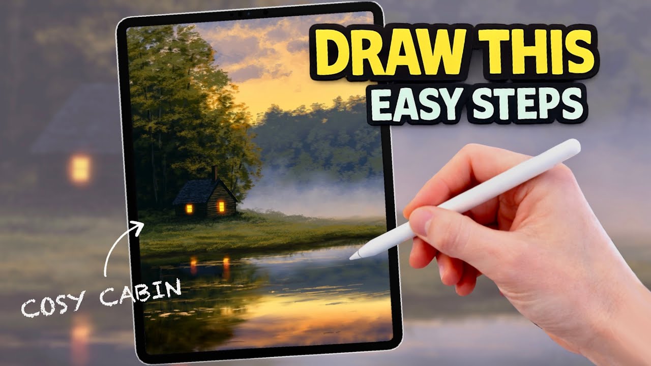 PROCREATE Cabin Lake landscape Drawing Tutorial in EASY STEPS