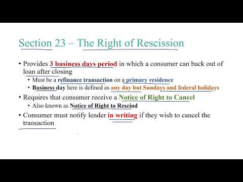 NMLS Exam - Section 23 of TILA: The Right of Rescission