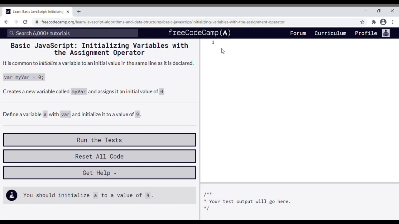 06 - Learn Basic JavaScript - Initializing Variables with the Assignment Operator