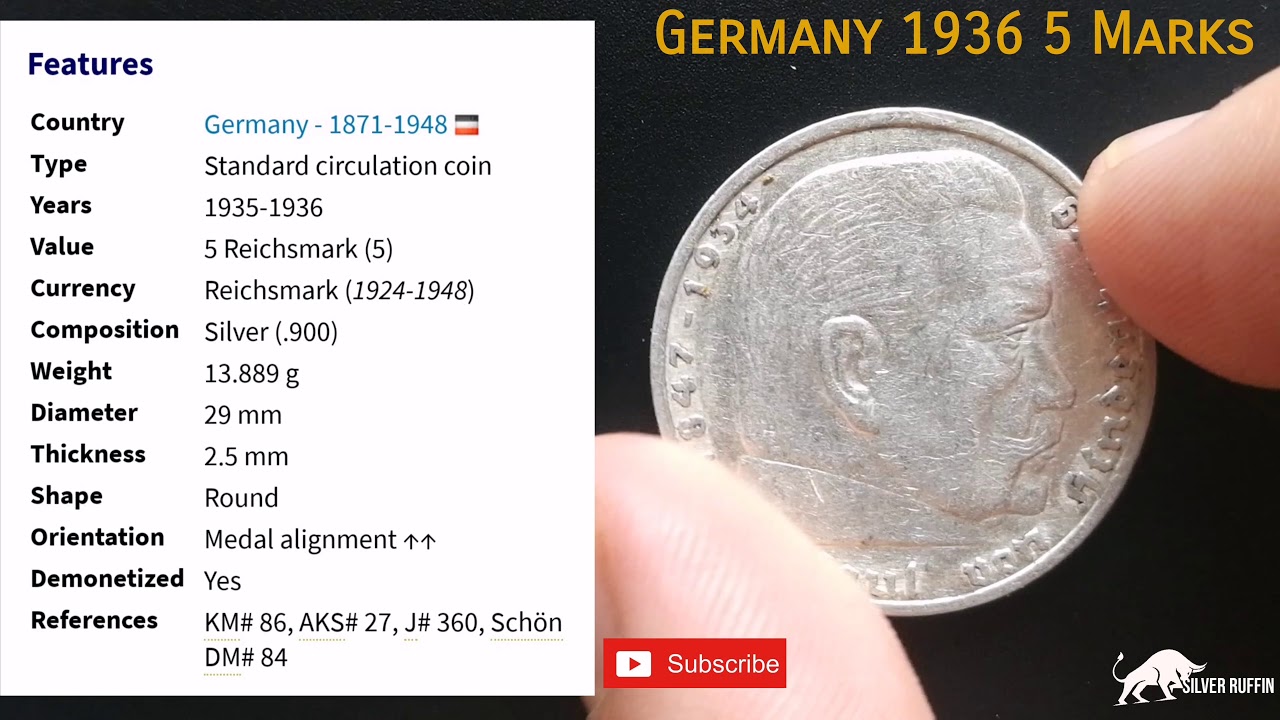 Germany 1936 5 Marks silver coin