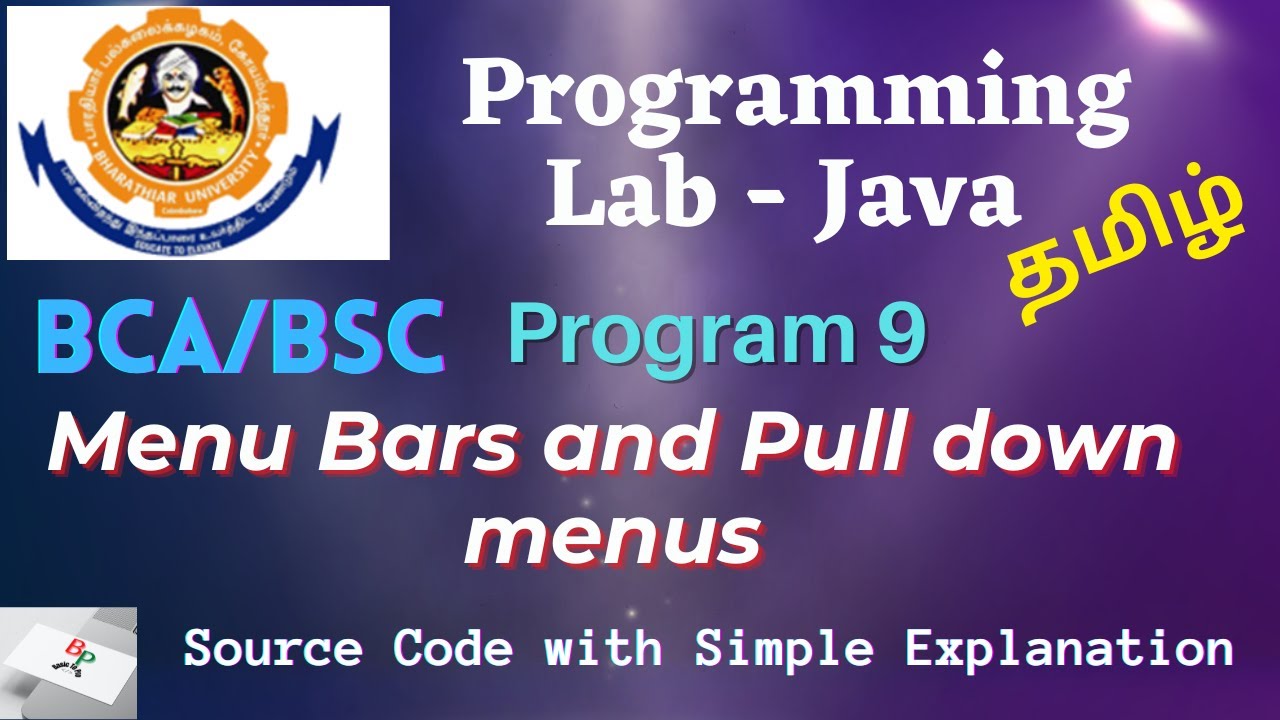 Menu bar and pull down menus- Java Program 9- Programming Java lab Bharathiar University