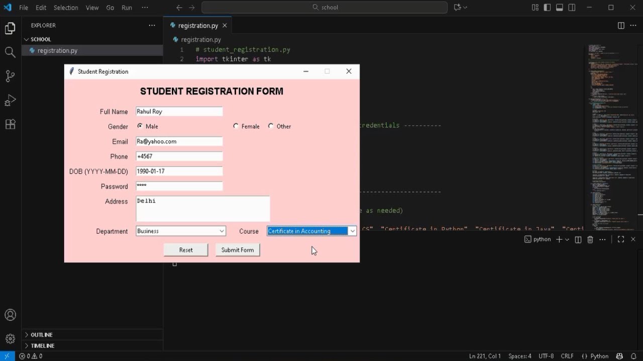 Student Registration Form Using Python and MYSQL Database