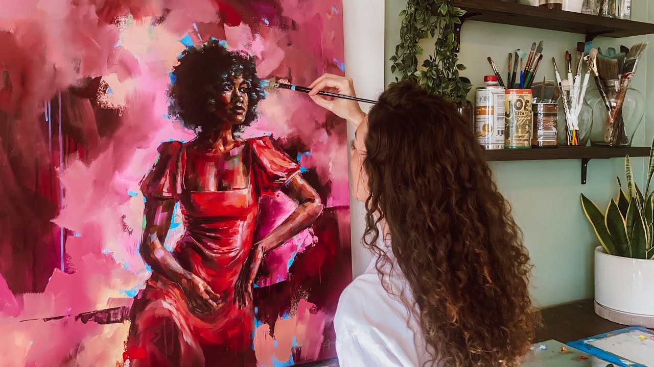 Timelapse Portrait Painting of Woman in Red Dress | 005