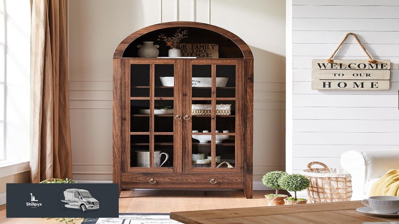 RowyPoey Farmhouse Arched Cabinet with Glass Doors Wood Display Cabinet with Drawer