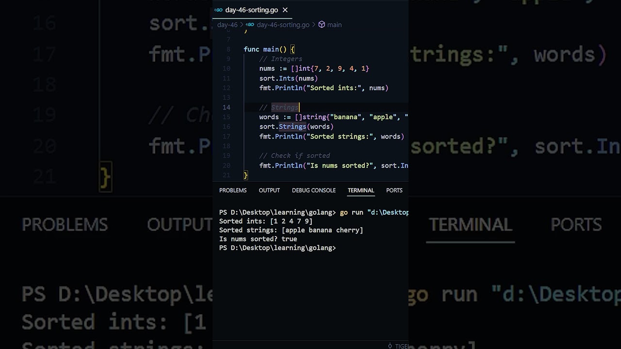 Sorting in GoLang 😎 | Day 46 of 90 Days Challenge 💻