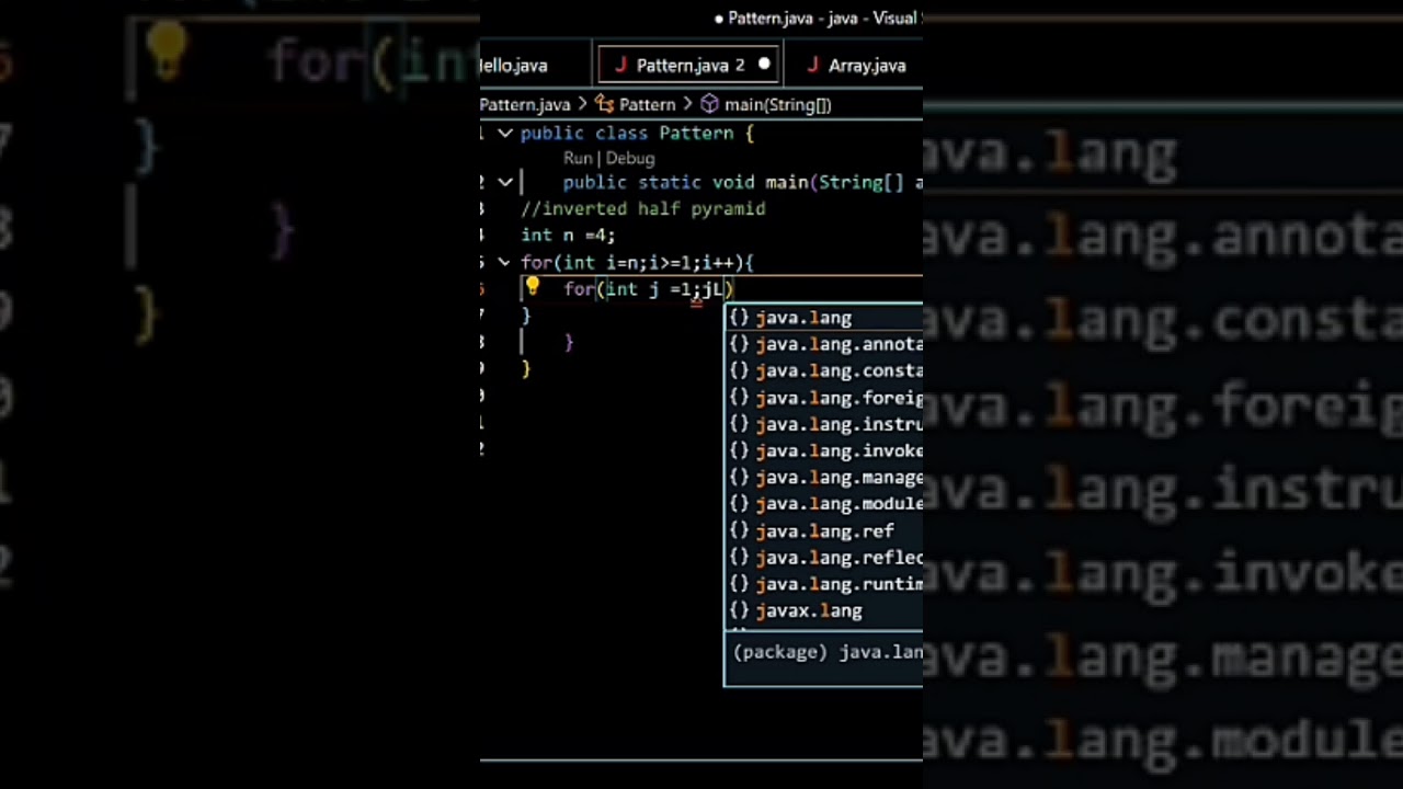 Inverted half pyramid in java #java #coding #code #youtubeshorts