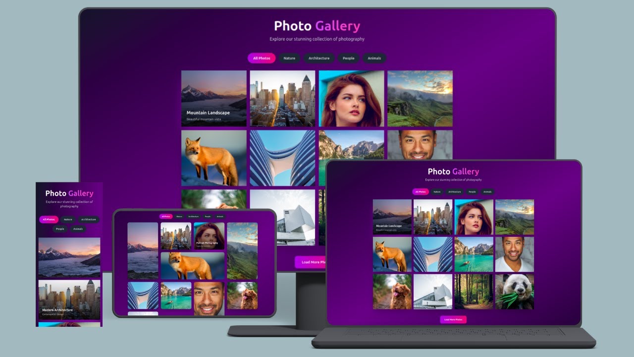 Free Responsive Photo Gallery Template Source Code| HTML, Tailwind CSS & JavaScript