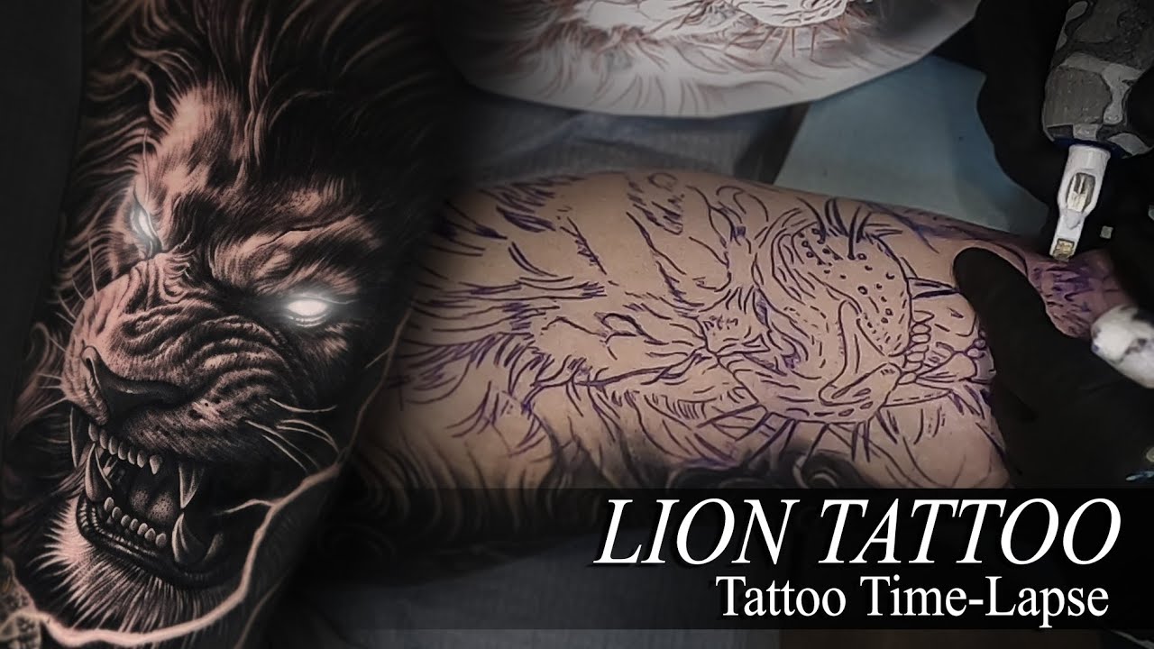 LION TATTOO DARK Black and Grey Realism | Time-Lapse