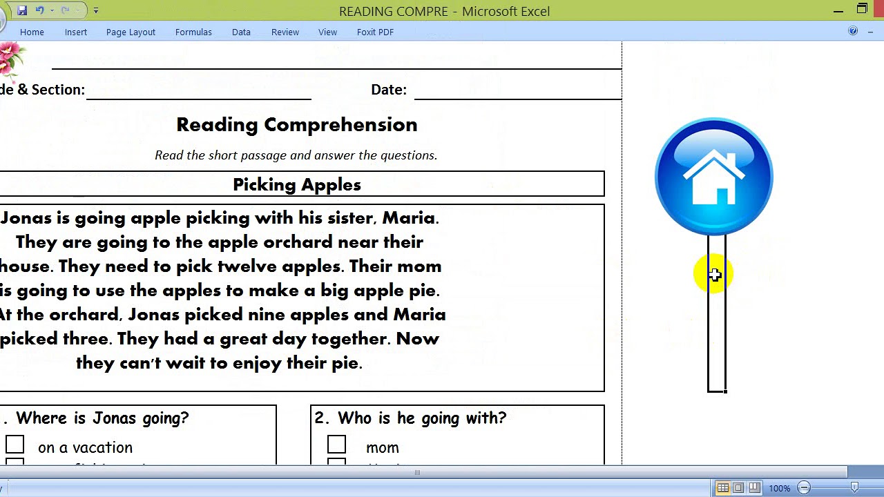 AUTOMATED READING COMPREHENSION WORKSHEET TEMPLATE