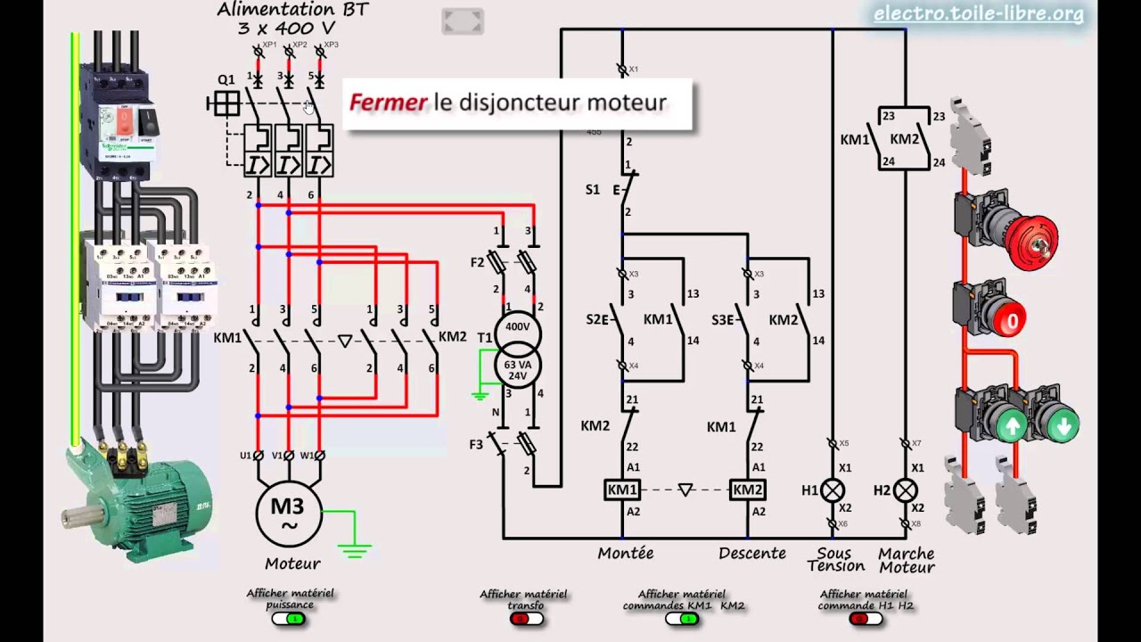 Démarrage direct 2 sens de marche d'un moteur asynchrone triphasé | Schéma interactif