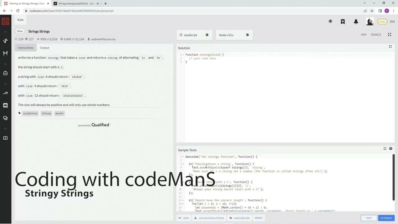 Codewars 8 kyu Stringy Strings JavaScript