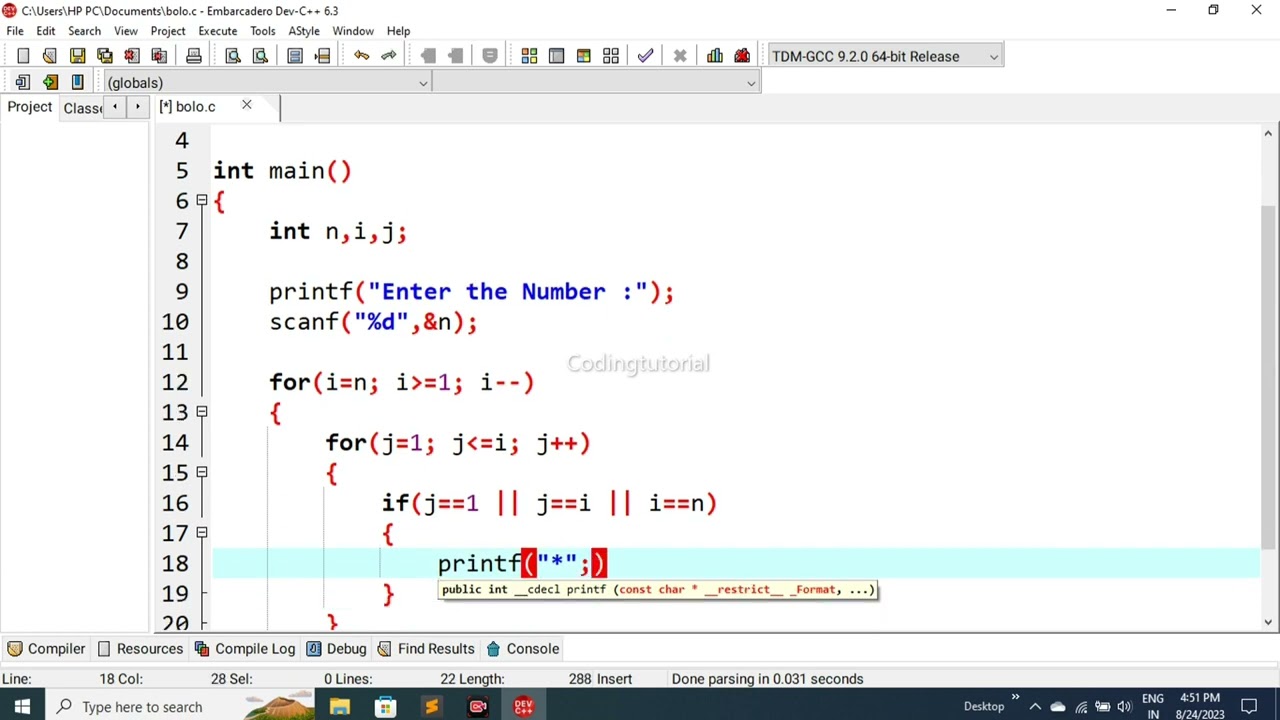 C Program Hollow Inverted Right Triangle Star Pattern