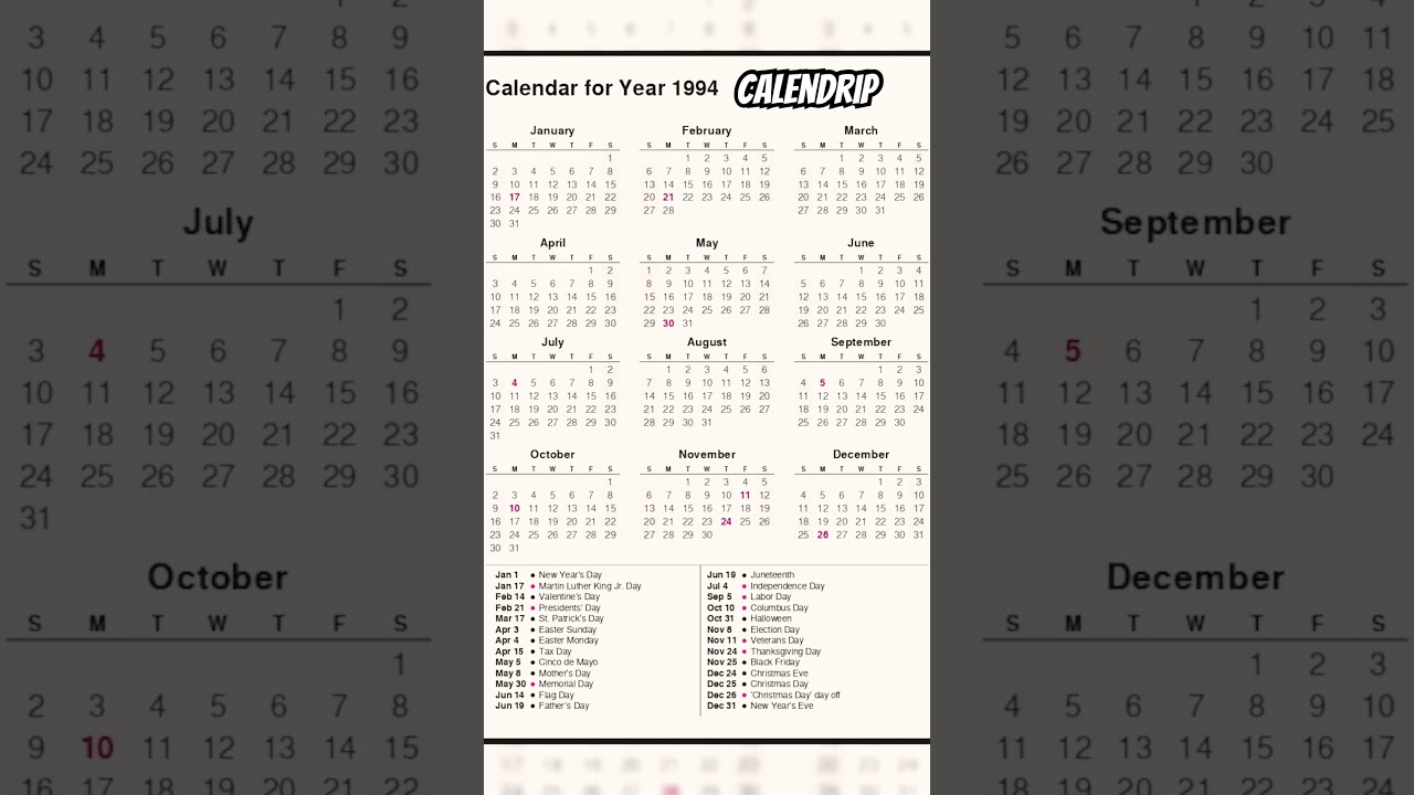 Calendar 1994 #monthsoftheyear
