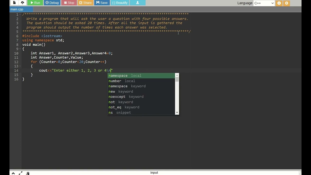 C++ program that will ask the user a question with four possible answers