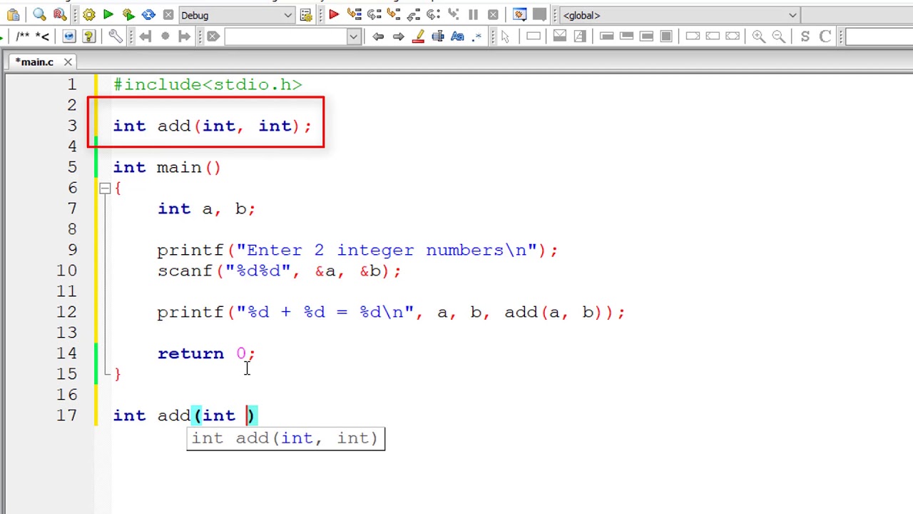 Addition of 2 Numbers using Function: C Program