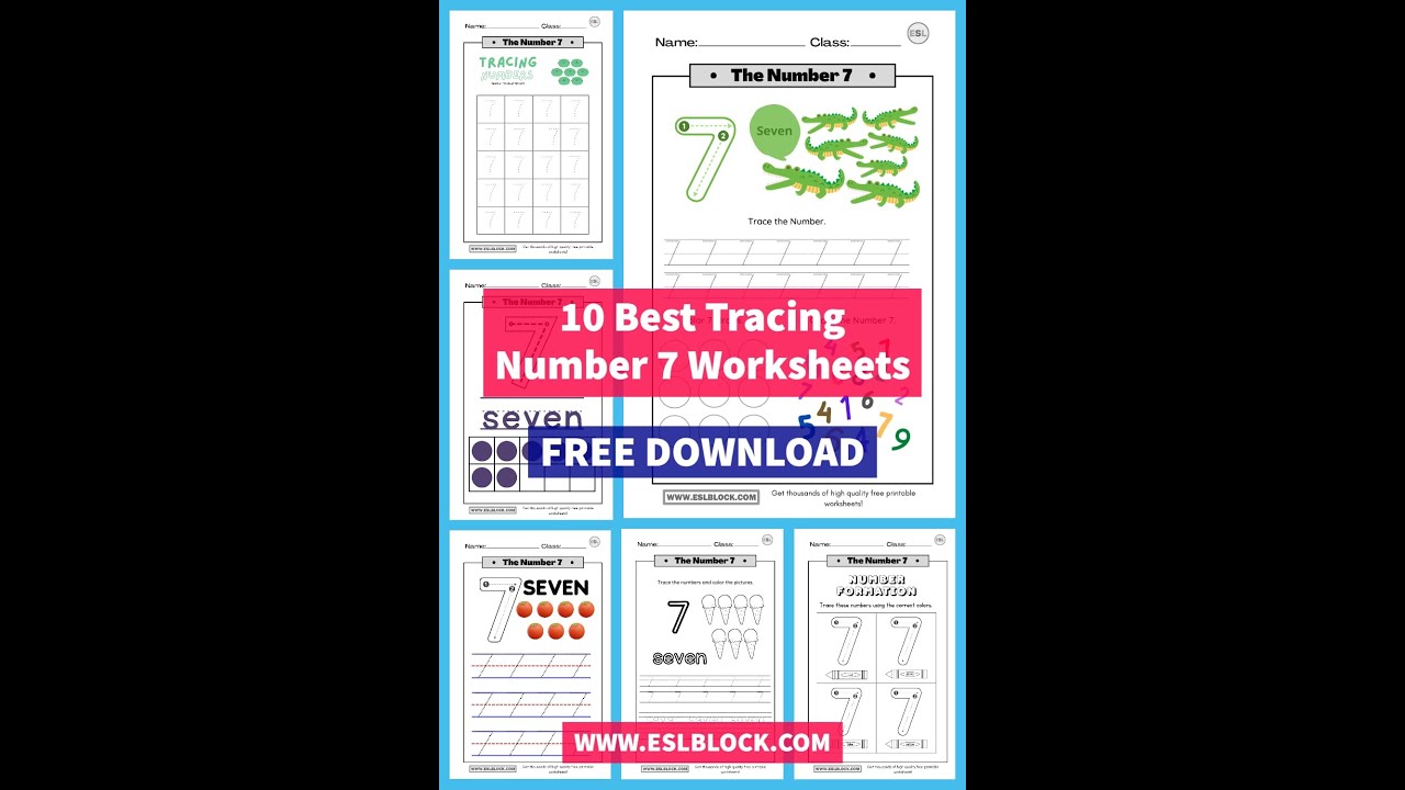 Tracing Number 7 Worksheets